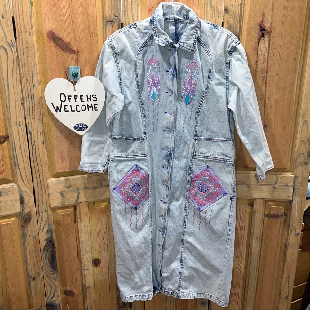 80s Acid Wash Denim Duster Hand Painted Southwest Lar… - Gem